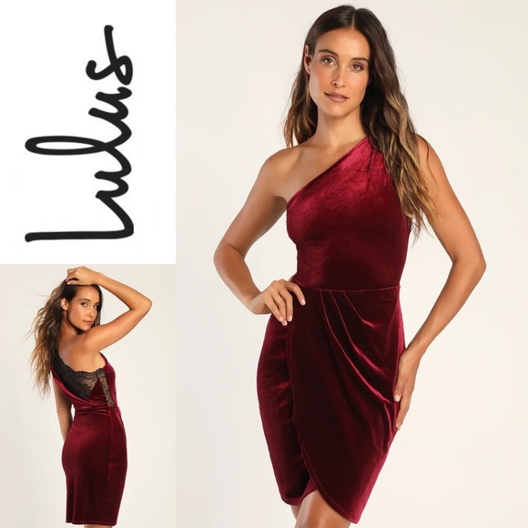 Lulus | Dresses | Nwt Lulus All The Luxe Wine Red Velvet Lace Oneshoulder Mini Dress | Poshmark